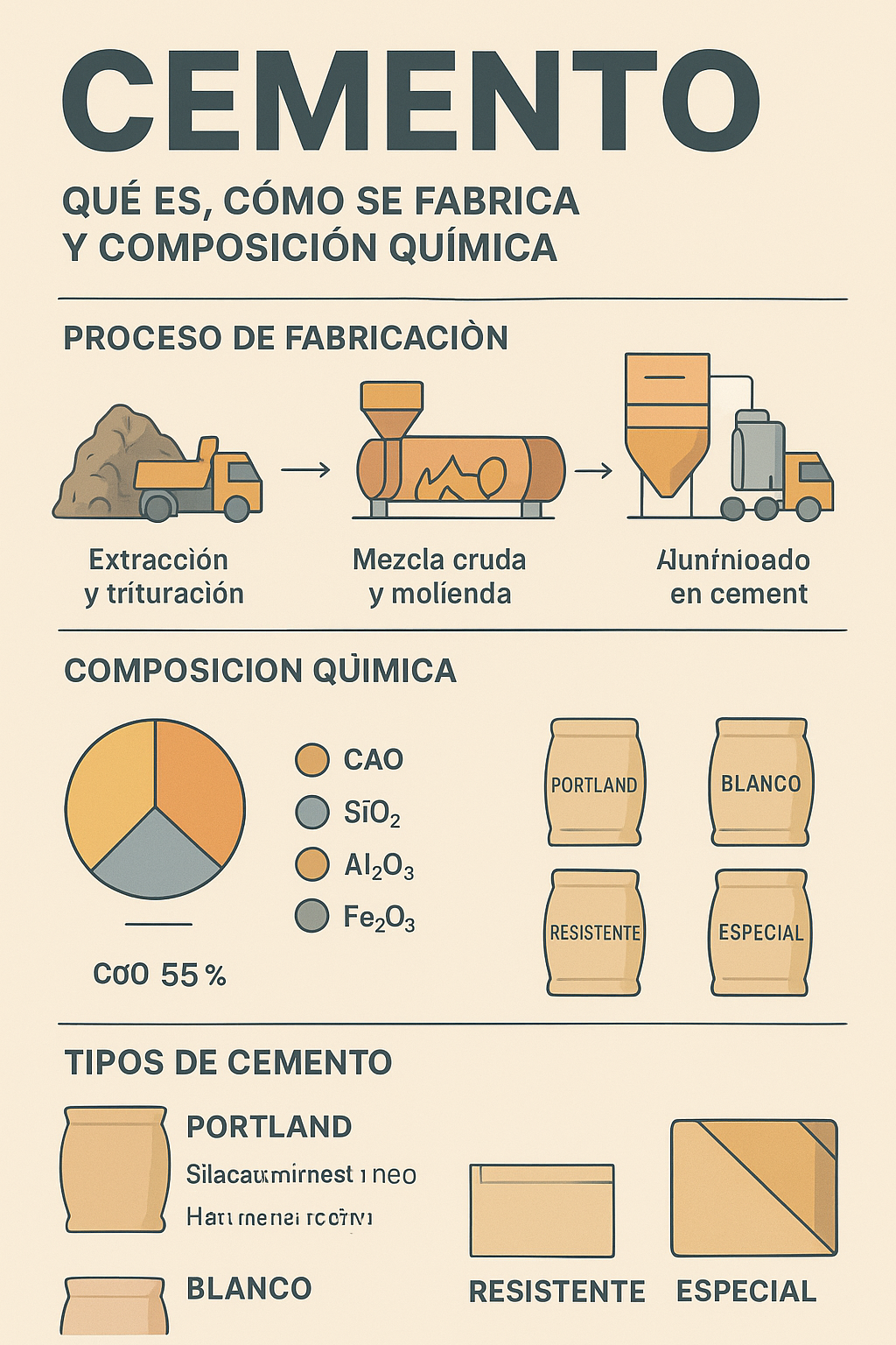 Cemento: qué es, cómo se fabrica, composición química y tipos principales